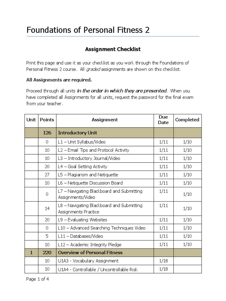 Foundations of Personal Fitness 2: Assignment Checklist | PDF | Aerobic ...