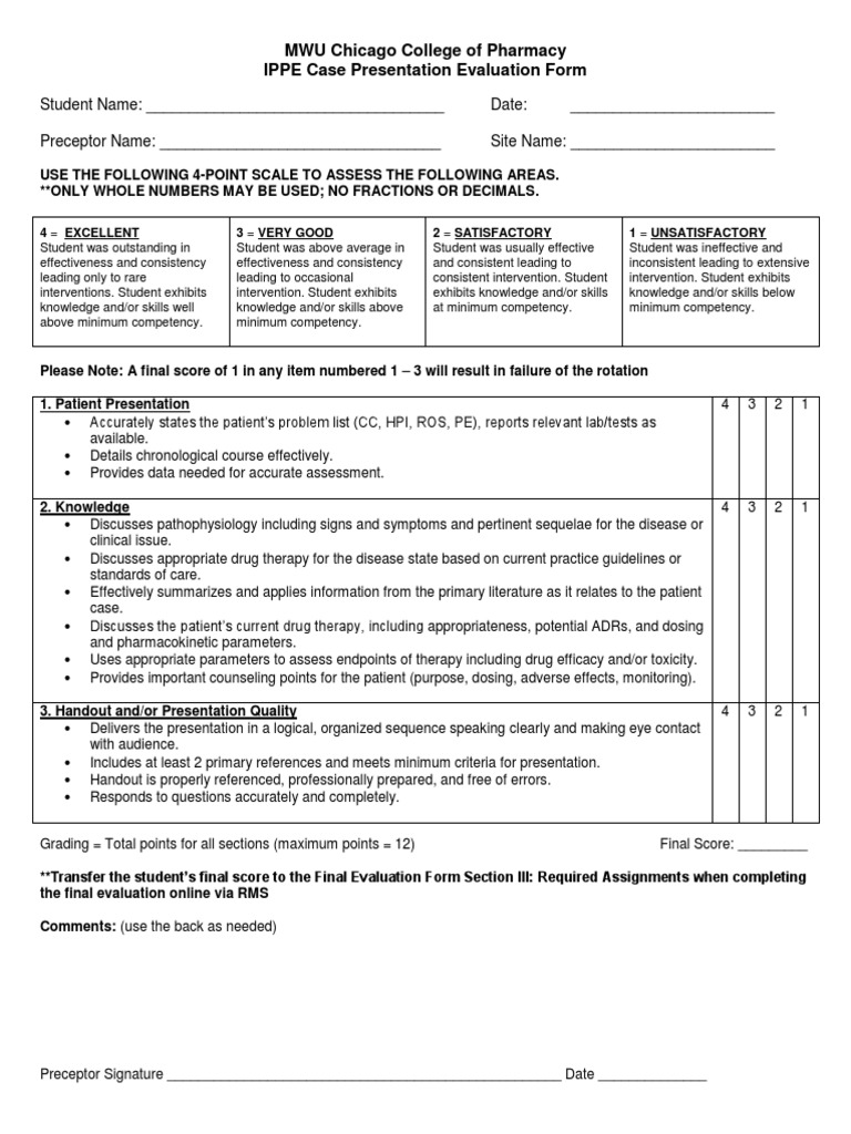 MWU Chicago College of Pharmacy IPPE Case Presentation Evaluation Form ...