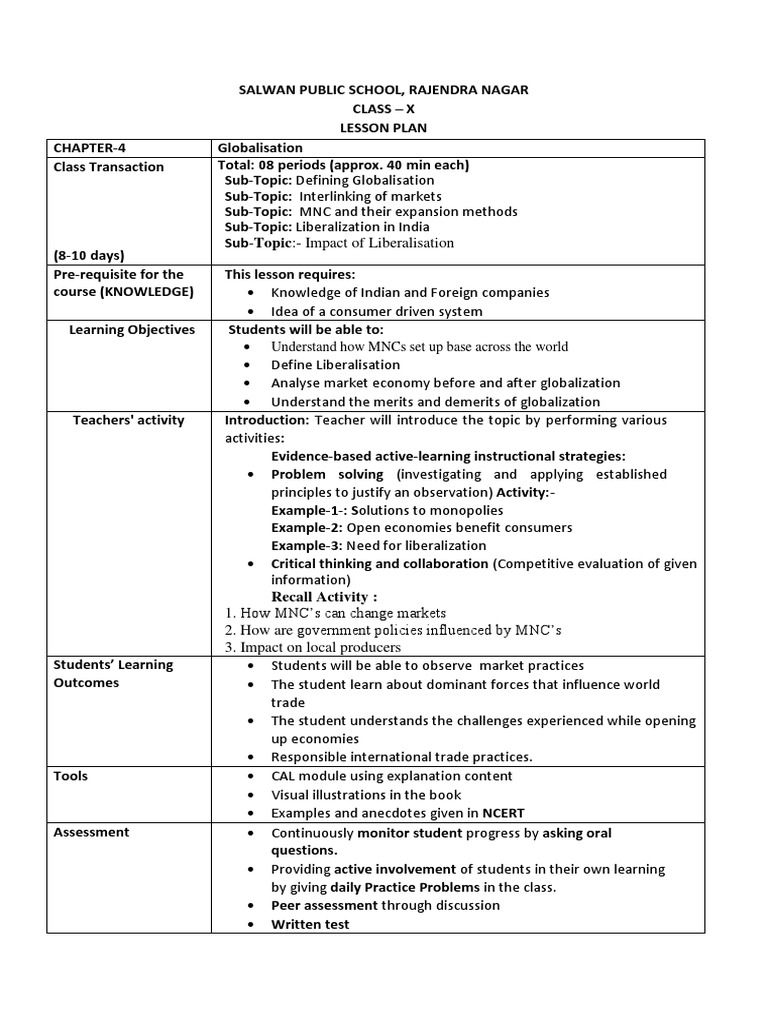 Lesson Plan - 1 Globalisation and The Indian Economy | PDF ...