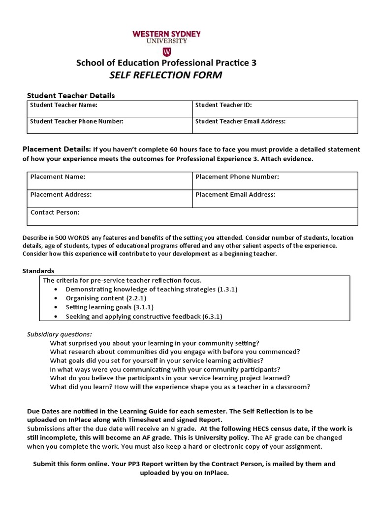 pp3 Self Reflection Form | PDF