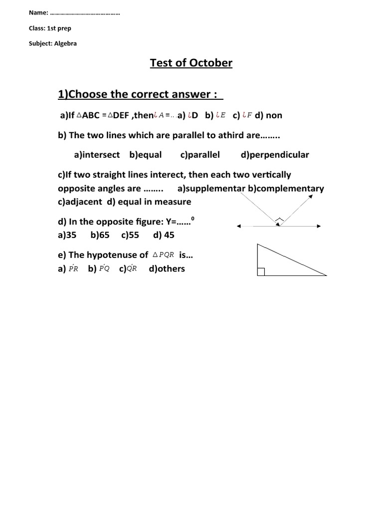 1st Prep Algebra Test - October | PDF