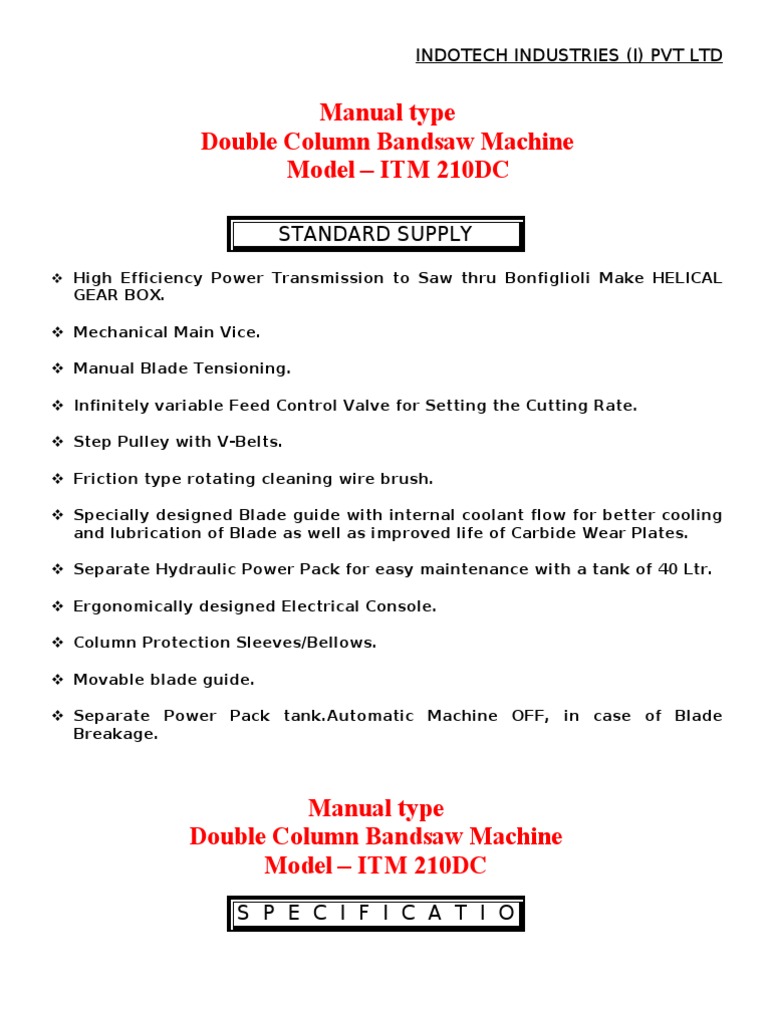 ITM 210DC Double Column Bandsaw Specs | PDF