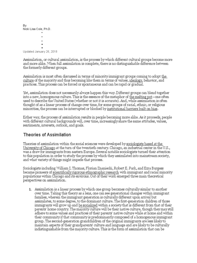 Theories of Assimilation: Updated January 26, 2018 | PDF | Cultural ...
