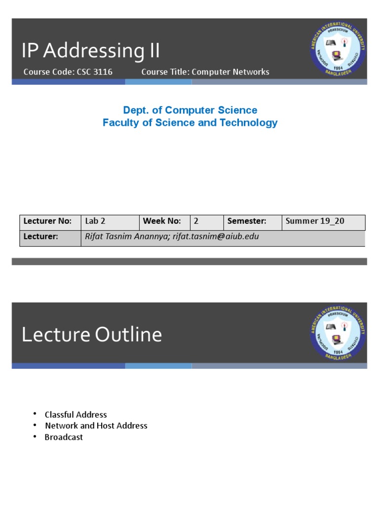 Lab Lecture 2 IP - Addressing II | PDF | Ip Address | Computer Network