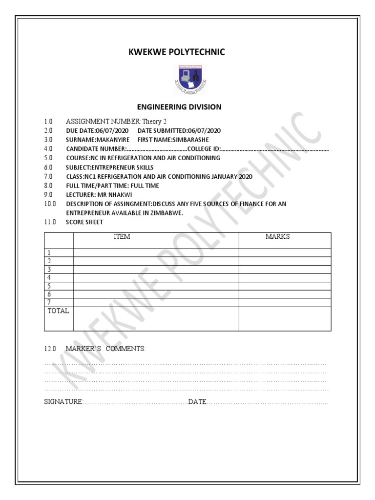 Kwekwe Polytechnic: Engineering Division | PDF | Banks | Entrepreneurship