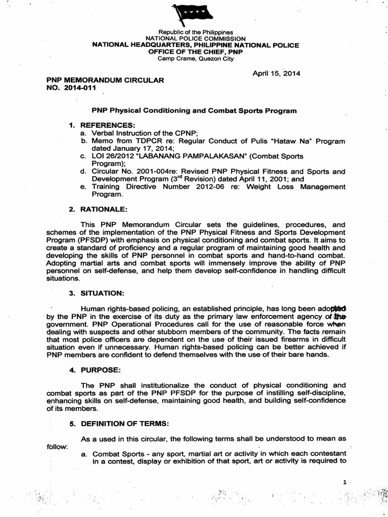 PNP MC 2014-11 PNP Physical Conditioning and Combat Sports Program | PDF