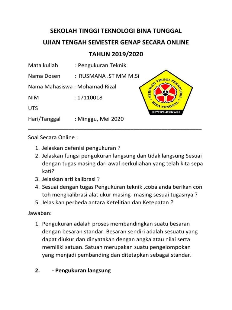 UTS PENGUKURAN TEKNIK (Mohamad Rizal) | PDF