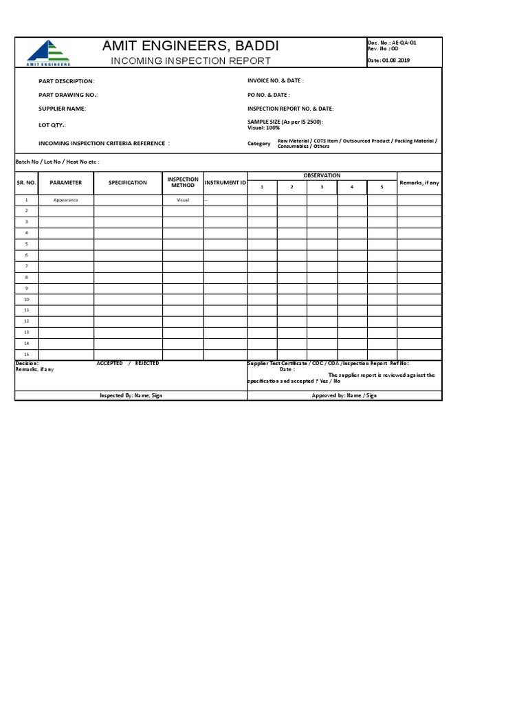 AE-QA-01 - Incoming Inspection Report | PDF | Business Process | Evaluation