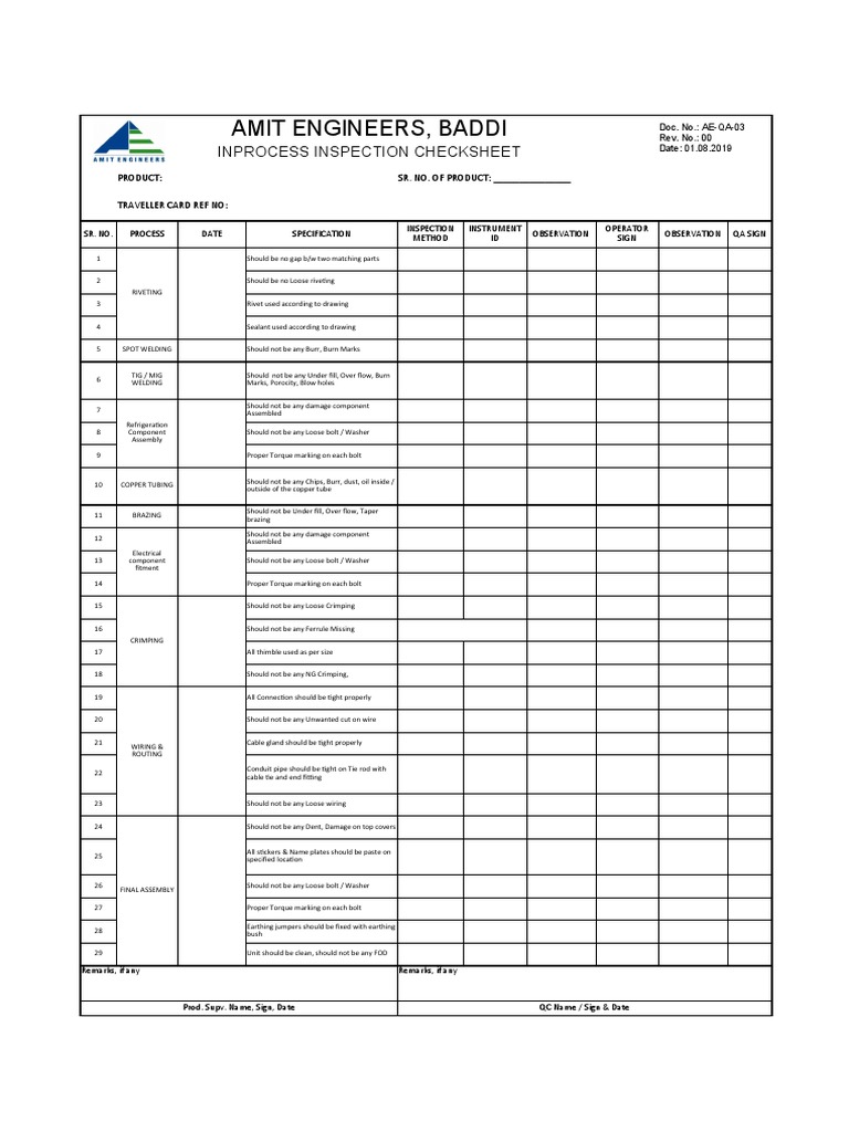 AE-QA-03 - In-Process Checksheet | PDF | Joining | Pipe (Fluid Conveyance)