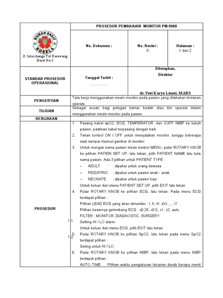 Spo Prosedur Pemakaian Monitor PM-9000 | PDF