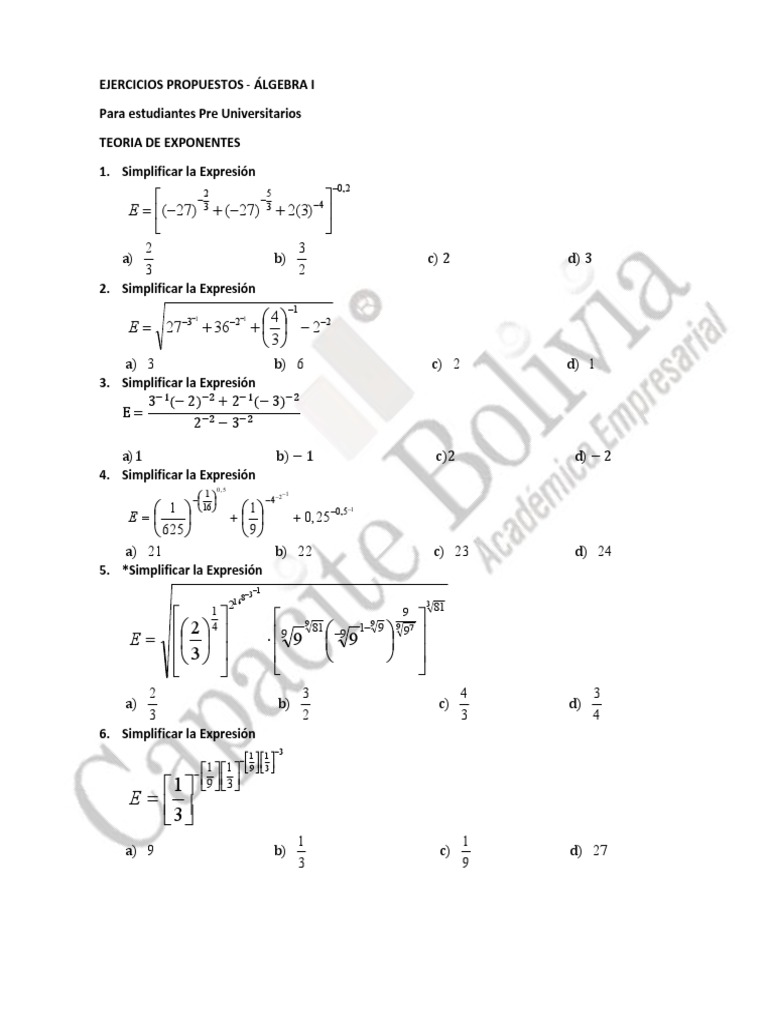 Ejercicios de Álgebra Preuniversitaria | PDF | Objetos matemáticos ...