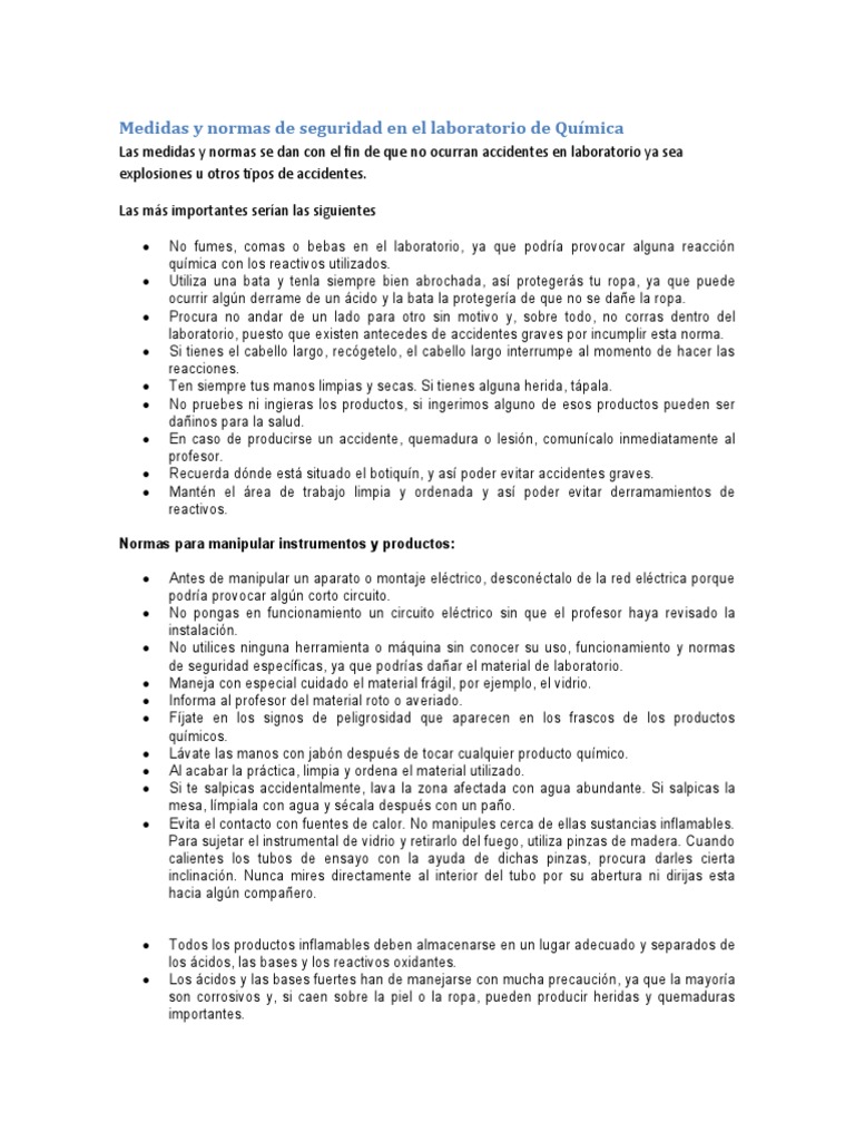 Medidas y Normas de Seguridad en El Laboratorio de Química | PDF | Laboratorios | Quemar