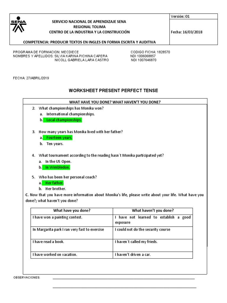 Worksheet Present Perfect Tense | PDF