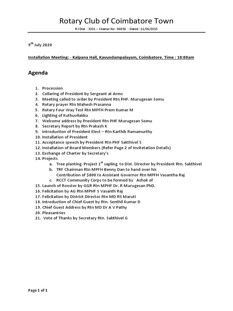 Rotary Club Installation Meeting Agenda | PDF