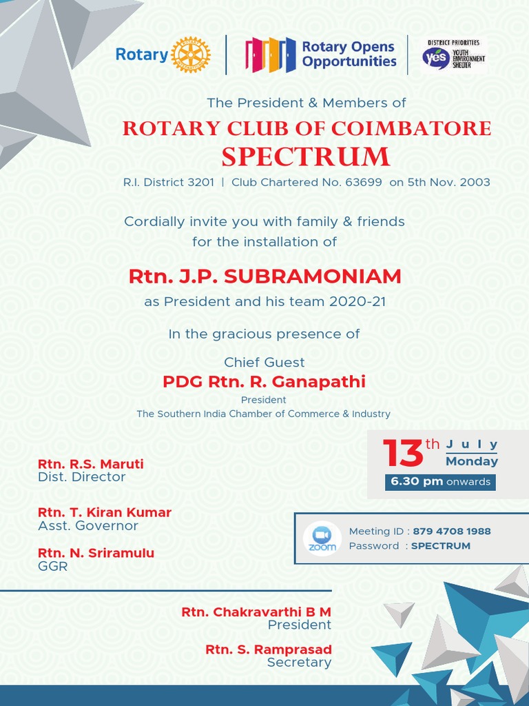 Rotary Club Coimbatore 2020-21 Installation Event | PDF