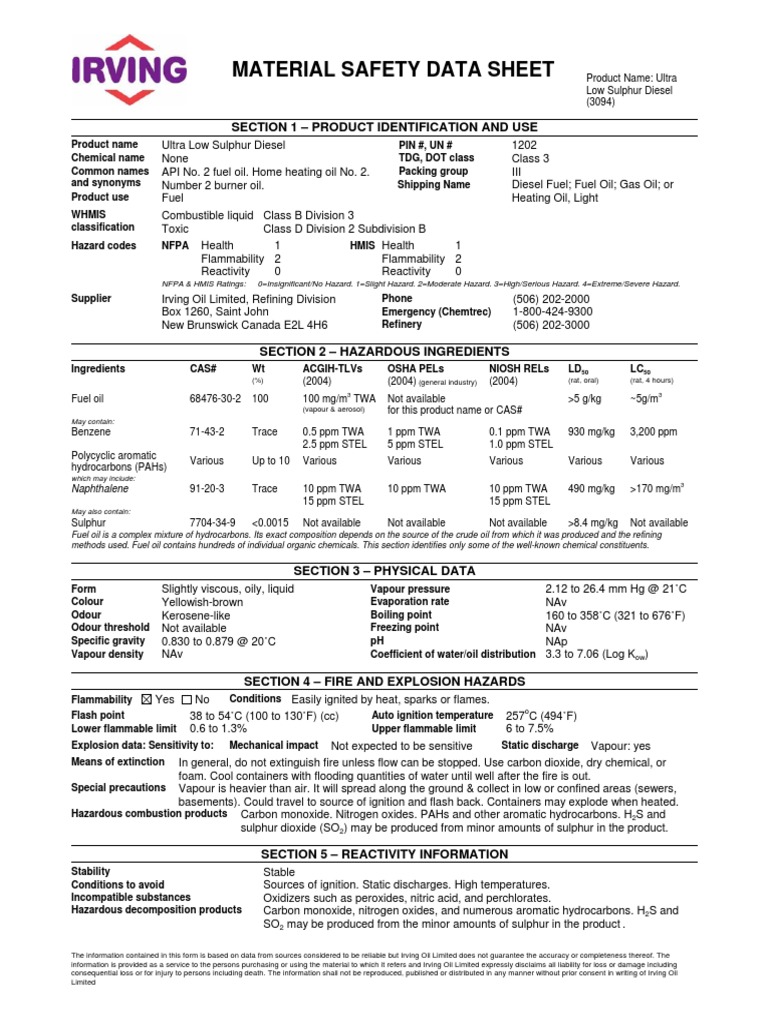 Diesel - Ultra Low Sulphur MSDS PDF | PDF | Combustion | Oil Refinery
