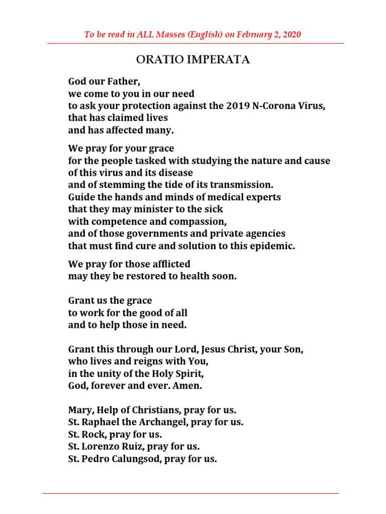 Oratio Imperata - English and Tagalog | PDF