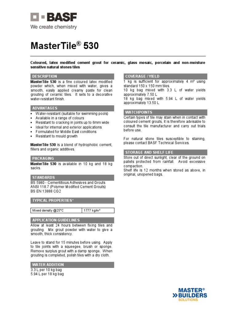 Mastertile 530: Description Coverage / Yield | PDF | Tile | Cement