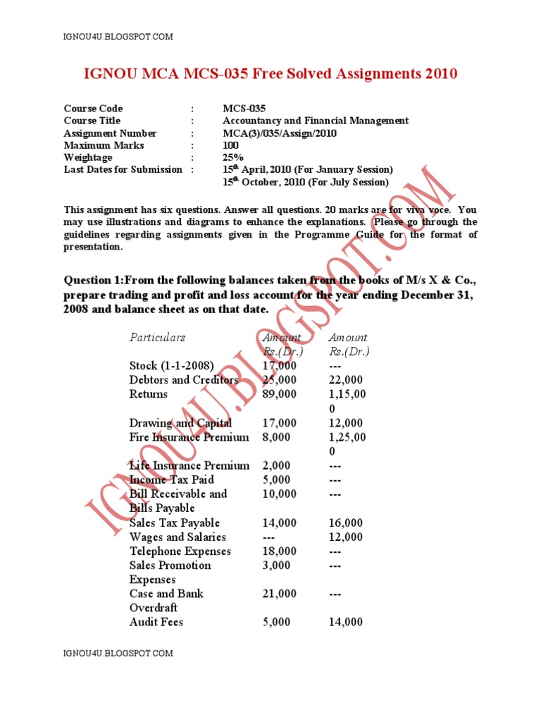 Ignou Mca Mcs 035 Free Solved Assignments 2010 Pdf Equity Finance Depreciation
