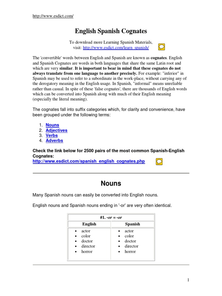 Spanish-English Cognate Guide | PDF | English Grammar | Noun