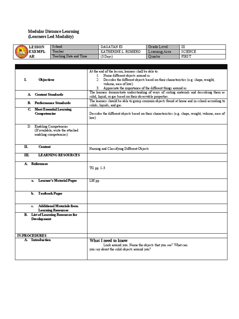 Grade 3 Science Lesson Exemplar Q1 | PDF | Shape | Applied Psychology