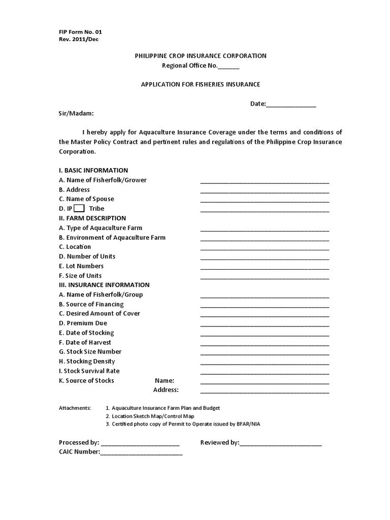 Form No. 01 Application For Fisheries Insurance | PDF | Insurance ...