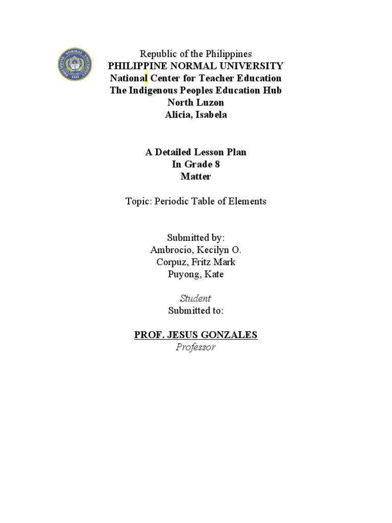 A Detailed Lesson Plan in Periodic Table of Elements | PDF | Chemical ...
