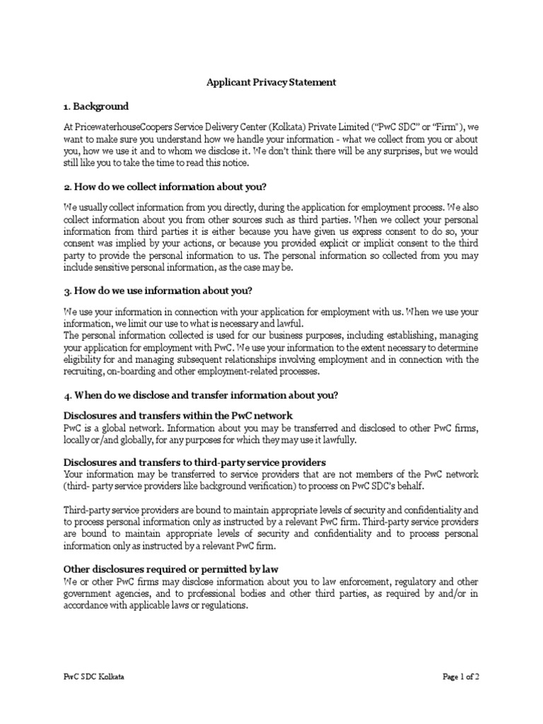 Applicant Privacy Statement - v1.1 | PDF | Pricewaterhouse Coopers | Privacy