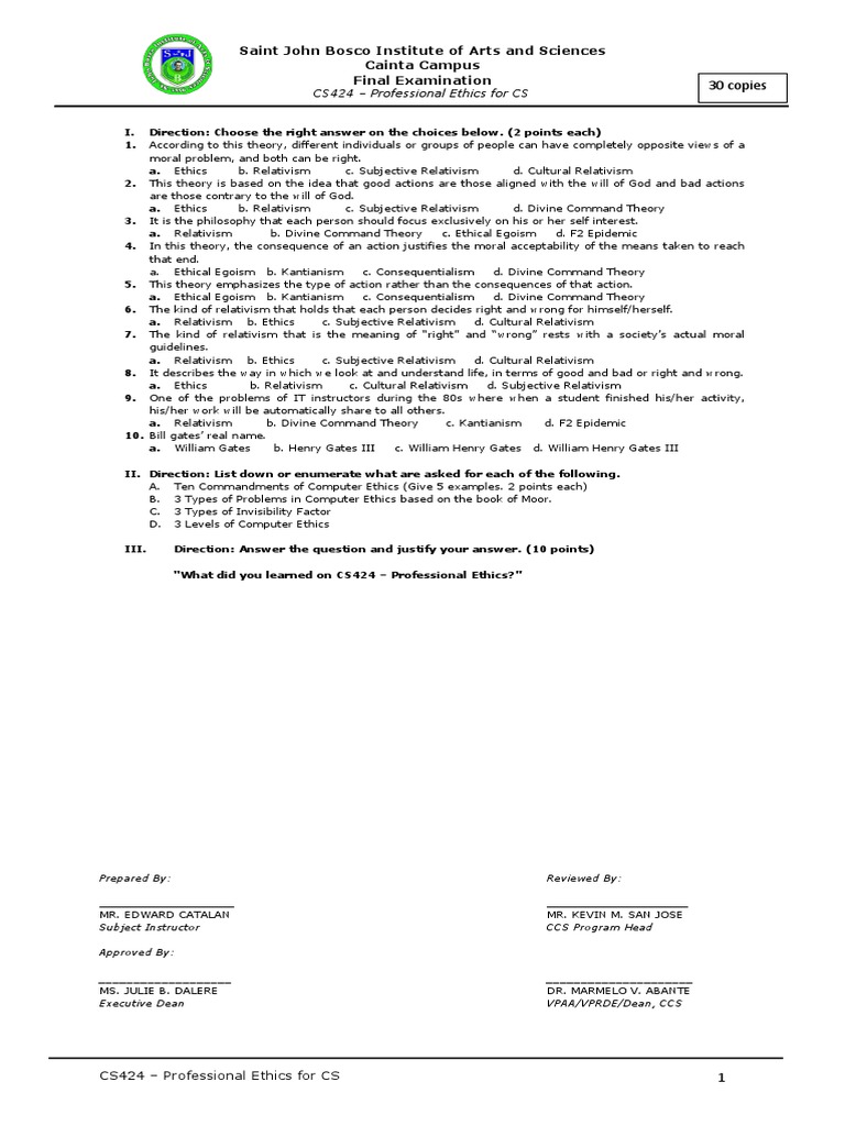 CS424 Final Exam Questions | PDF | Divine Command Theory | Relativism