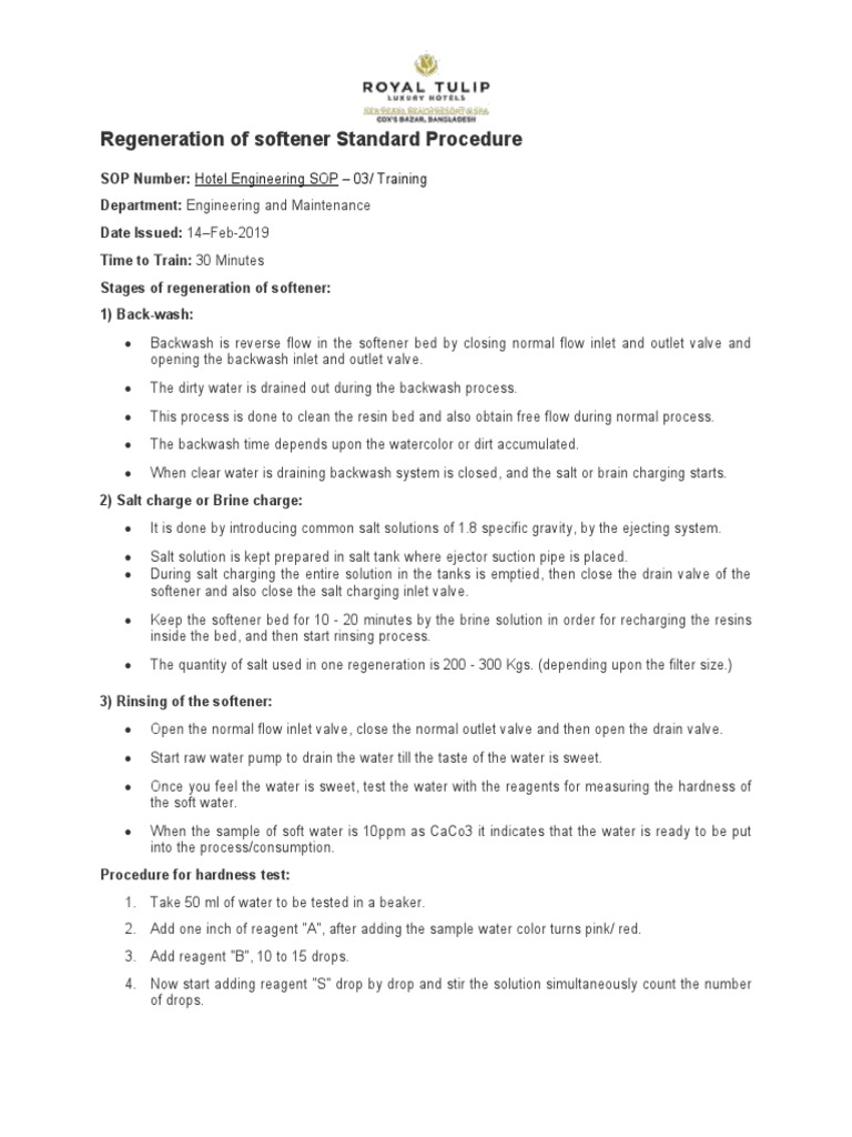 Softener Regeneration Procedure Guide | PDF | Water | Salt
