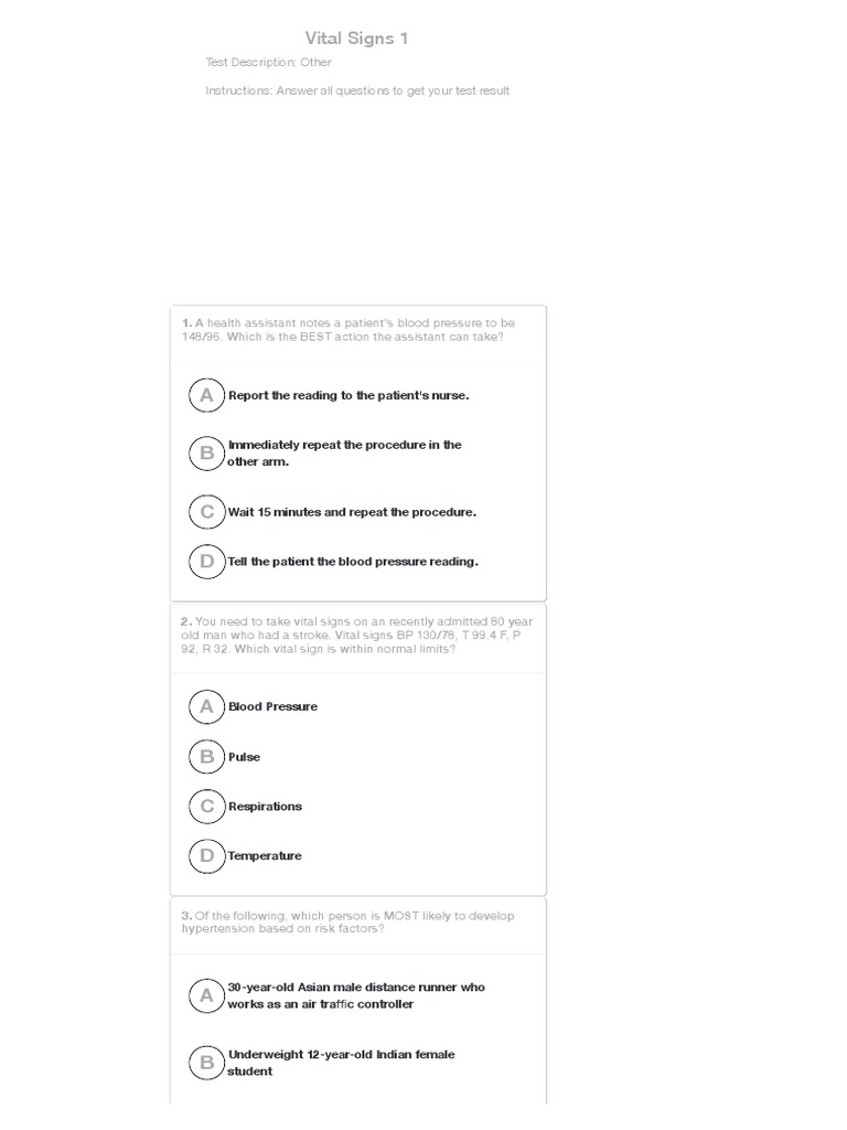 Vital Signs 1 Multiple Choice Test PDF | PDF | Blood Pressure | Medicine