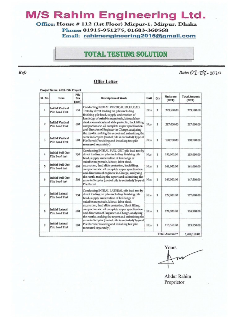 Quotation For Pile Load Test - Rahim - Engineering | PDF