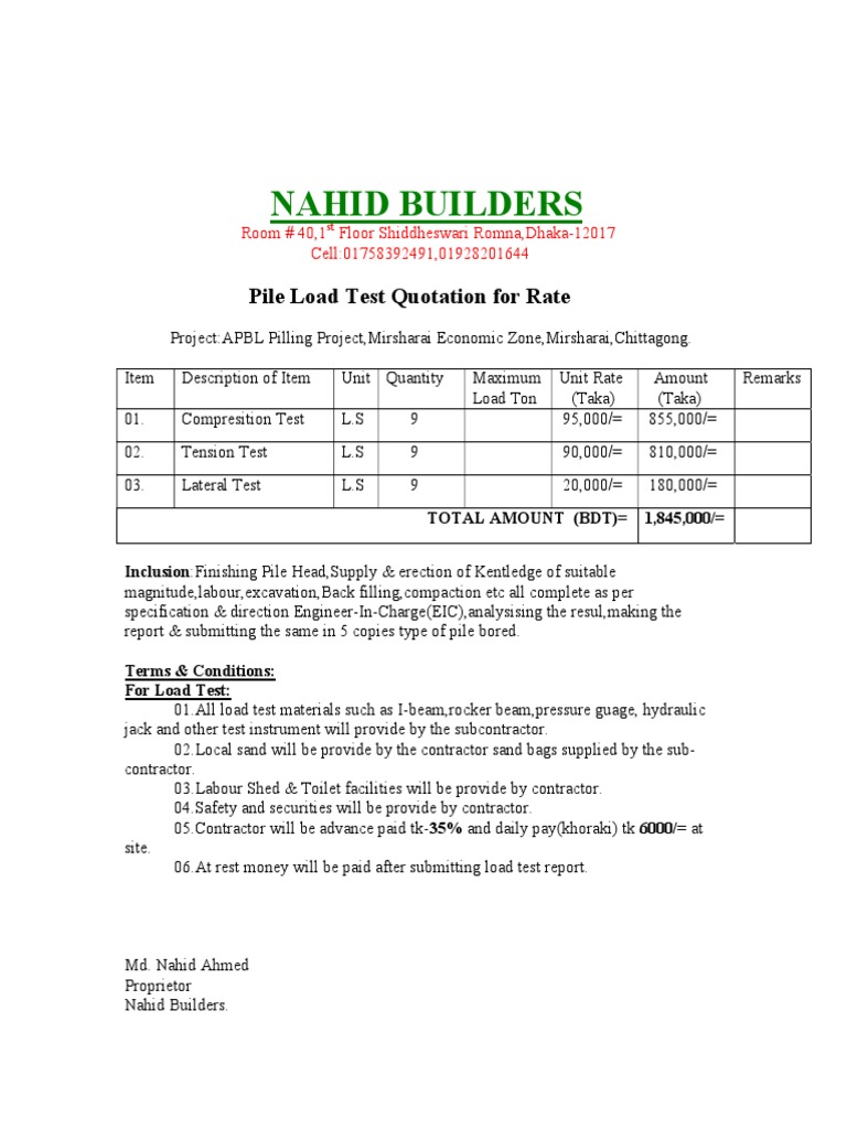 Nahid Builders: Pile Load Test Quotation For Rate | PDF