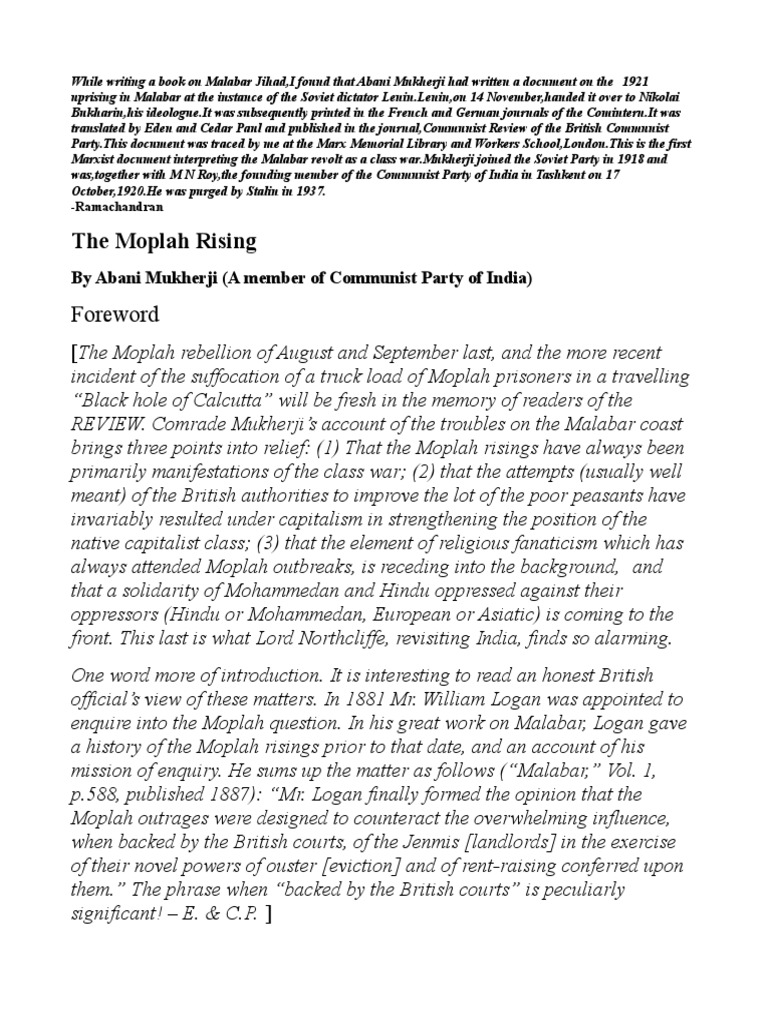 The Moplah Rebellion of 1921 | PDF | Communism | Communist Party Of The ...