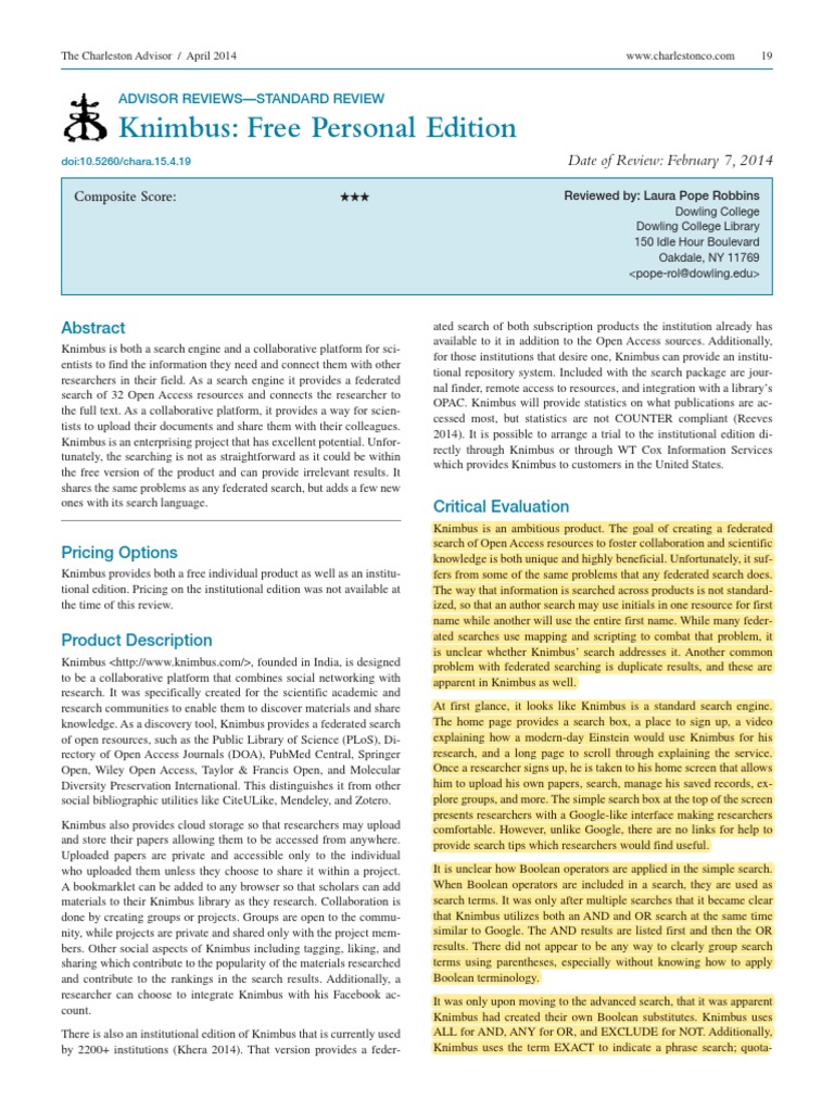 Product Review Knimbus Free Personal Edition | PDF | Open Access | Web Search Engine