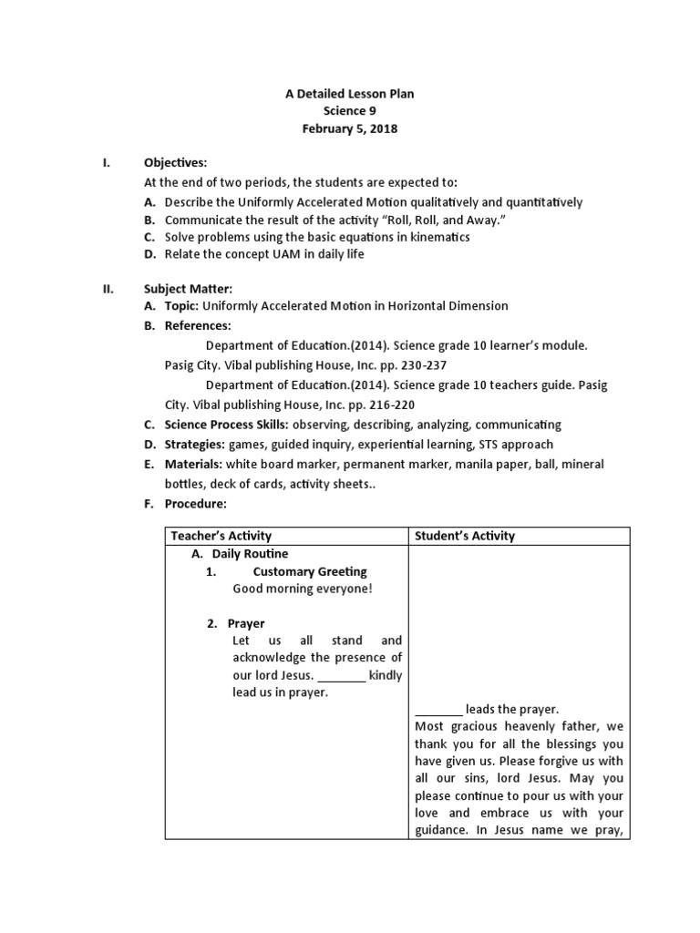 A Detailed Lesson Plan - Uniformly Accelerated Motion | PDF | Gravity ...