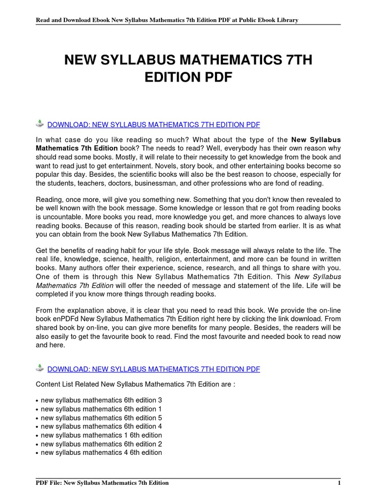 Download: New Syllabus Mathematics 7Th Edition PDF | PDF | Books | Science