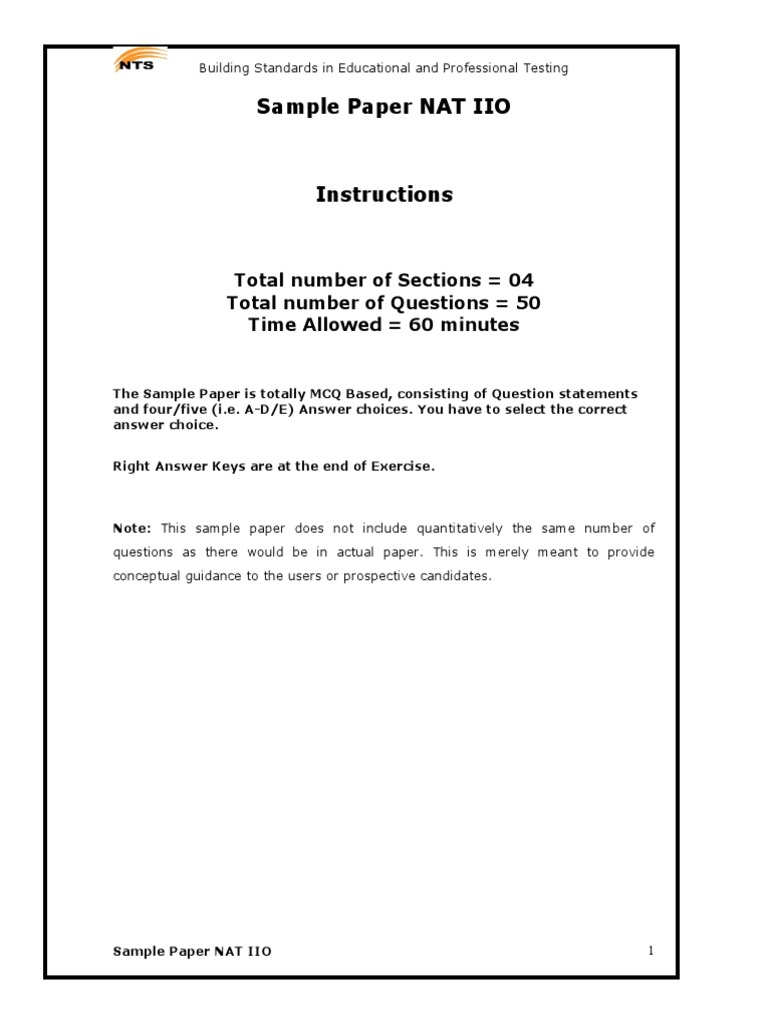 Sample Paper NAT IIO | PDF | Prophets And Messengers In Islam | Question