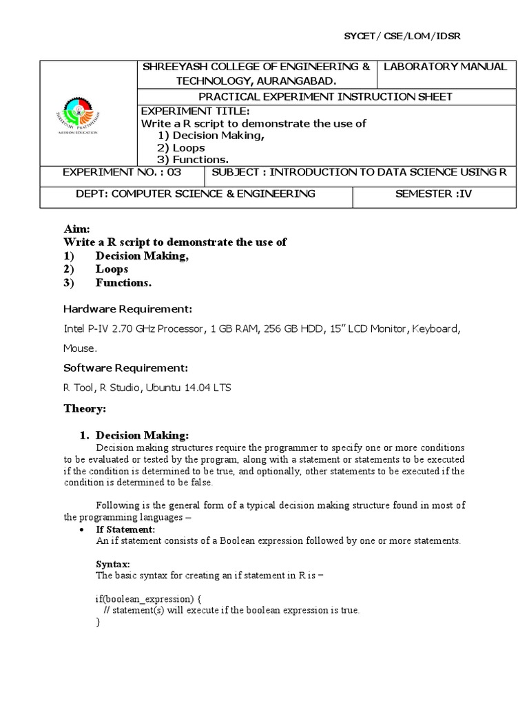Aim: Write A R Script To Demonstrate The Use of 1) Decision Making, 2) Loops 3) Functions | PDF ...
