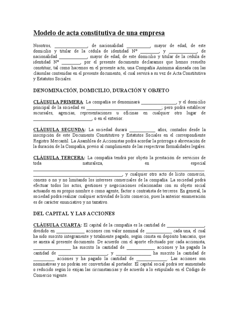 Modelo de Acta Constitutiva de Una Empresa | PDF | Compartir (Finanzas) | Sociedad de ...
