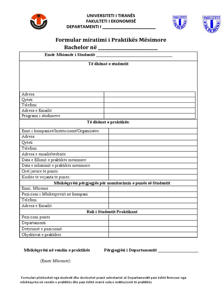 Formular Miratimi Praktika Mësimore Bachelor | PDF