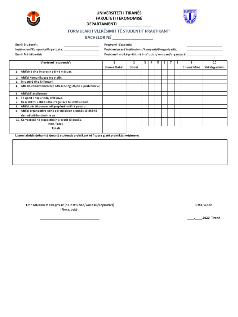Formular Vlerësimi Studenti Praktika Mësimore Bachelor | PDF