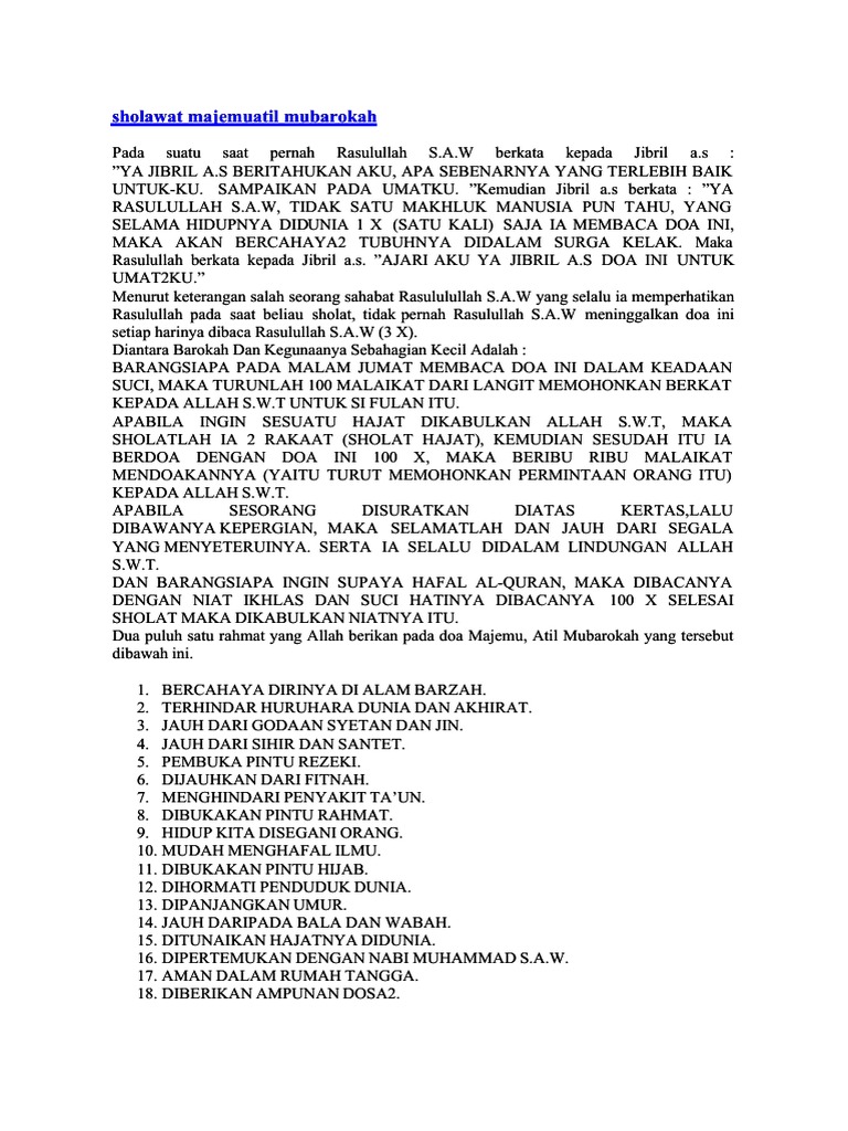 Keutamaan Sholawat Majemu'atil Mubarokah | PDF