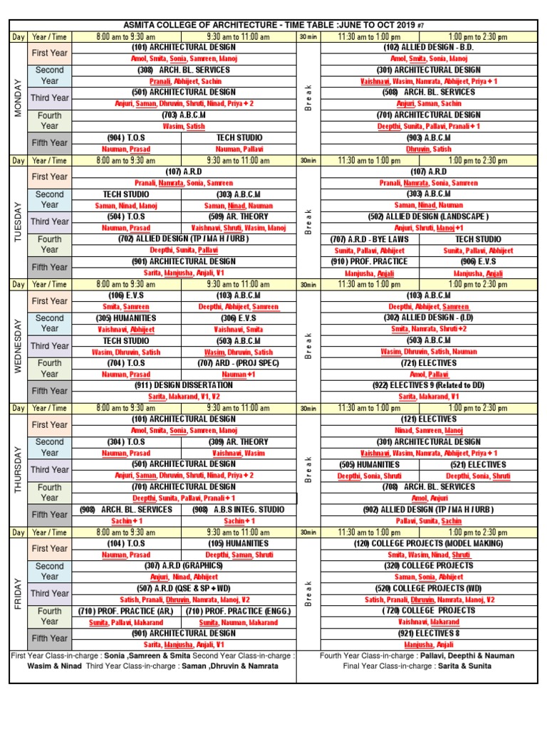 Architecture College Timetable 2019 | PDF
