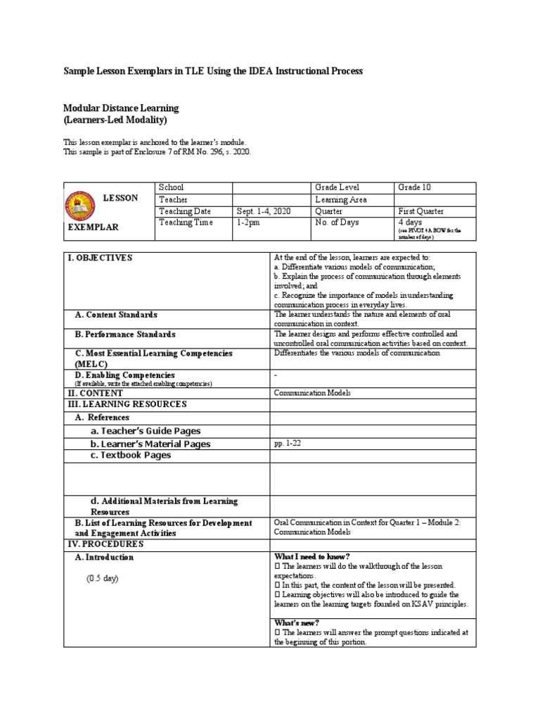 Sample Lesson Exemplars in TLE Using The IDEA Instructional Process ...