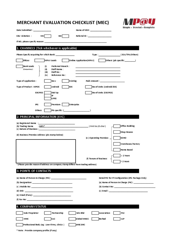 Merchant Evaluation Checklist (Mec) : 1. CHANNELS (Tick Whichever Is ...