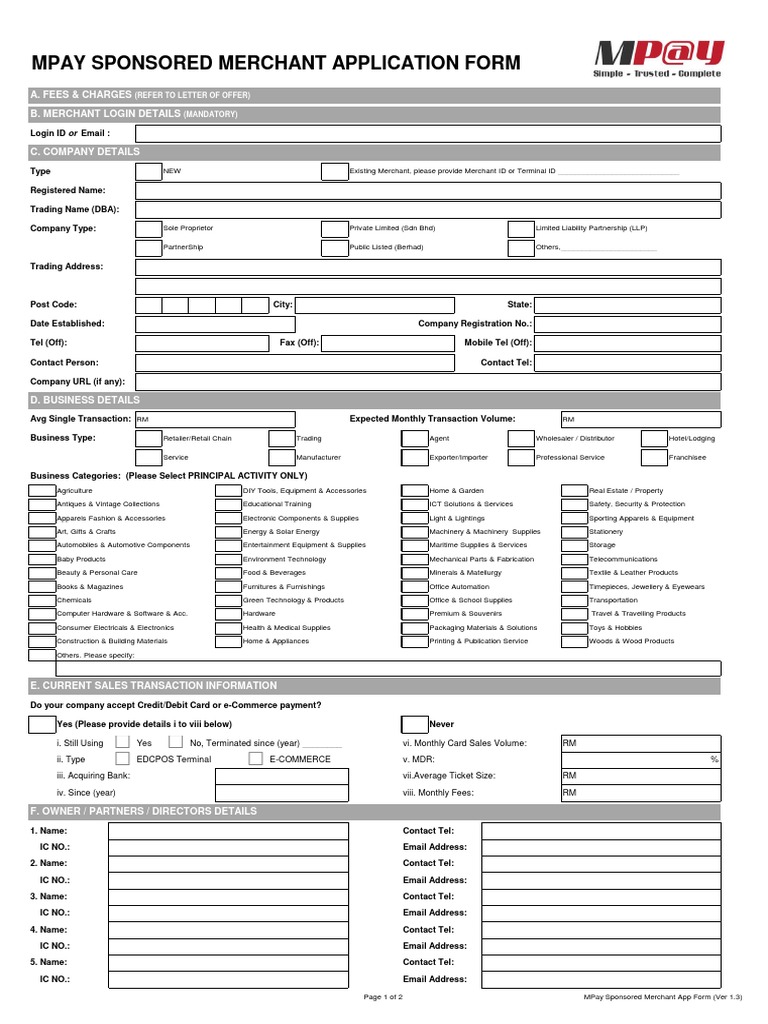MPAY SPONSORED MERCHANT APPLICATION FORM | PDF | Debit Card | Services ...