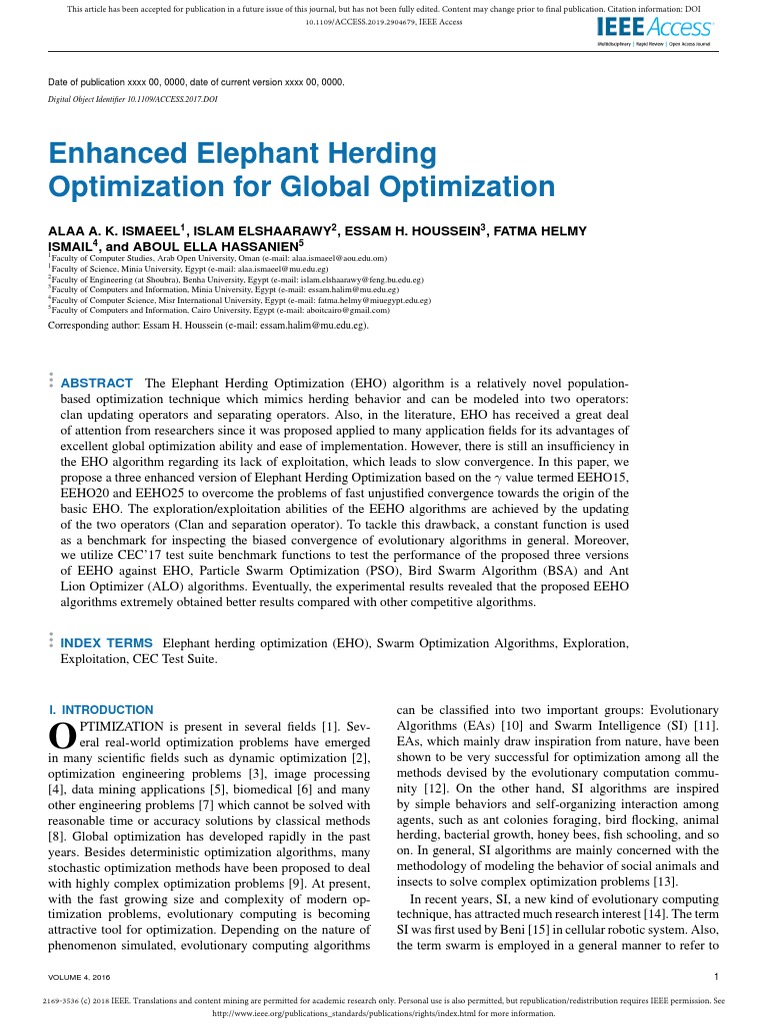 Enhanced Elephant Herding Optimization For Global Optimization | PDF | Mathematical Optimization ...