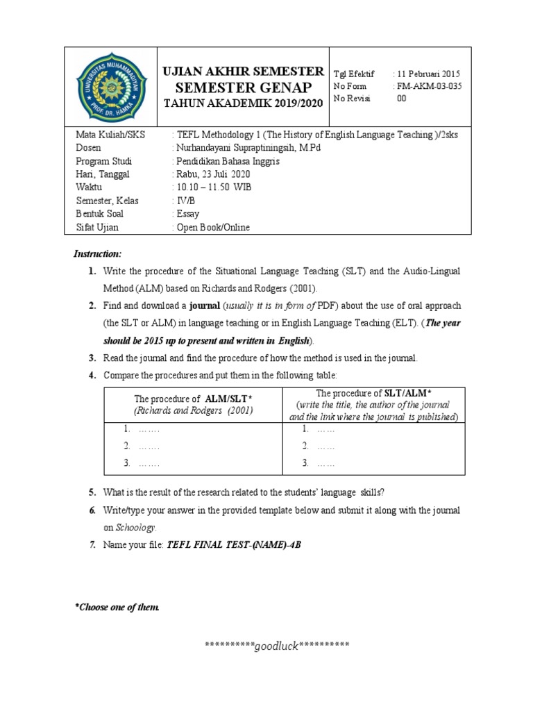 TEFL 1-UAS Genap 2019-2020 | PDF | Humanities Education | Applied Linguistics