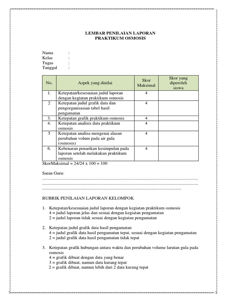 Rubrik Laporan Osmosis Sikk PDF | PDF